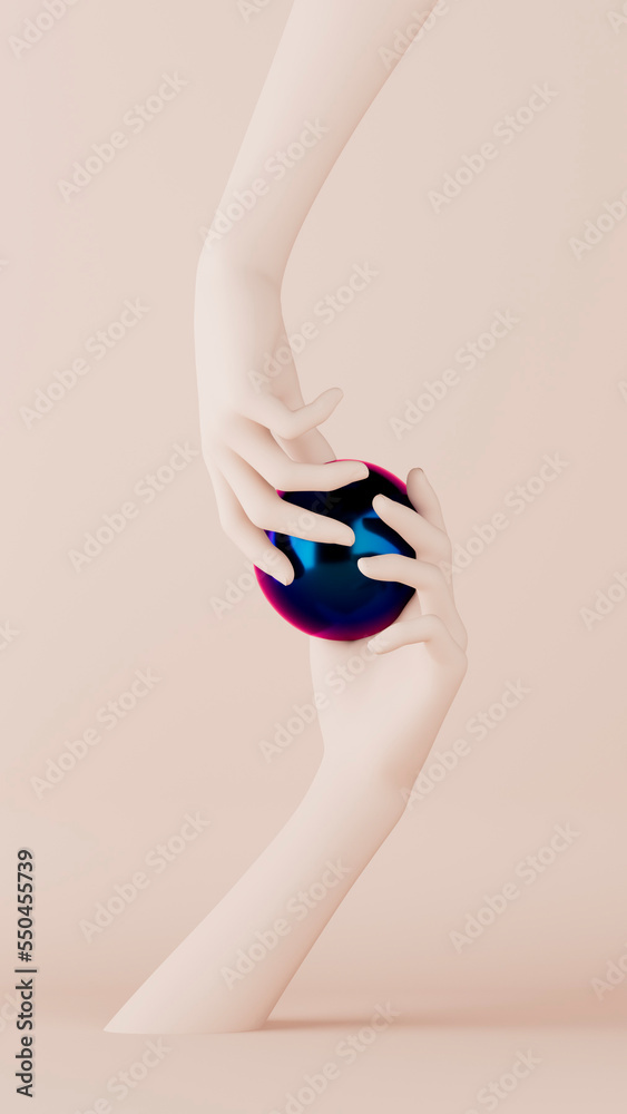 3d rendering hand holding metallic sphere illustration. People body ...