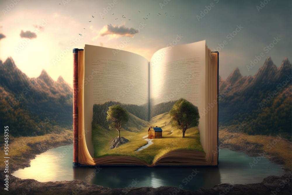 Story book, story coming alive: nature coming out of an old yellowish ...