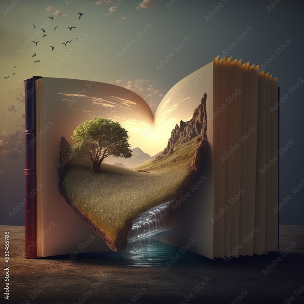 Storie coming alive: nature coming out of an old yellowish book, banner ...