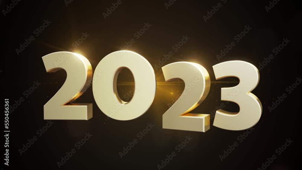 New year 2023 3d text type animation with gold shiny materials ...
