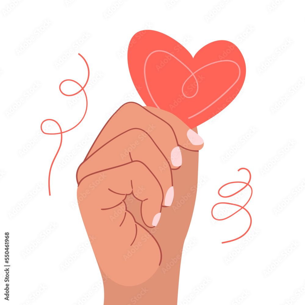 Hand holding a red heart in the fingers. Palm raised up.Vector clip art ...