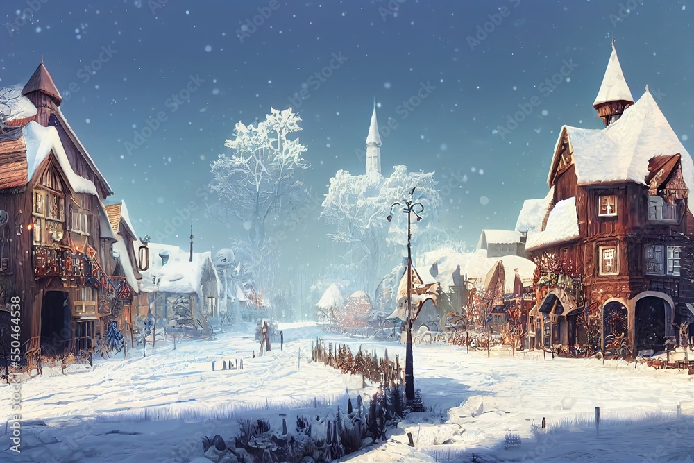 Small Fairy Tale Town in the Winter with Snow. Fiction Backdrop ...