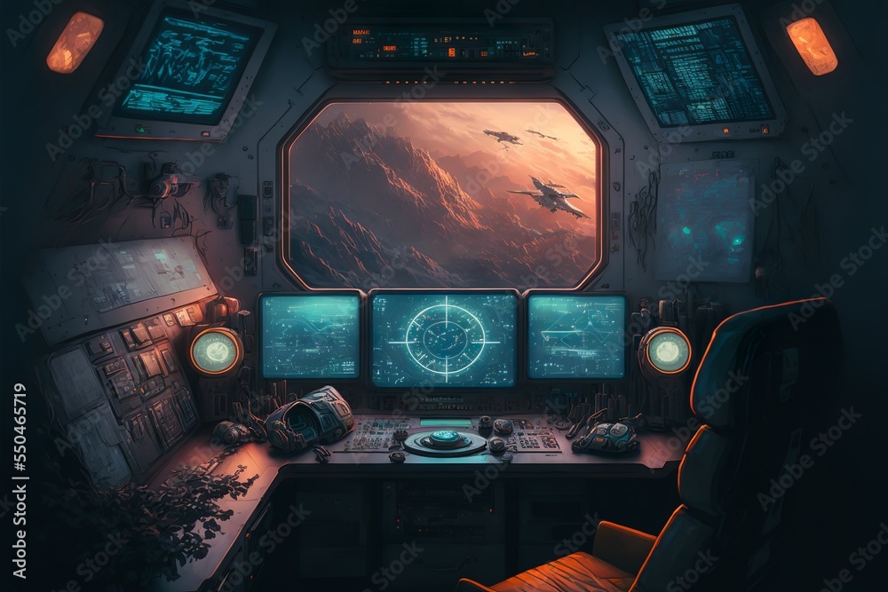 Futuristic sci-fi spaceship command centre with aiming system up in ...