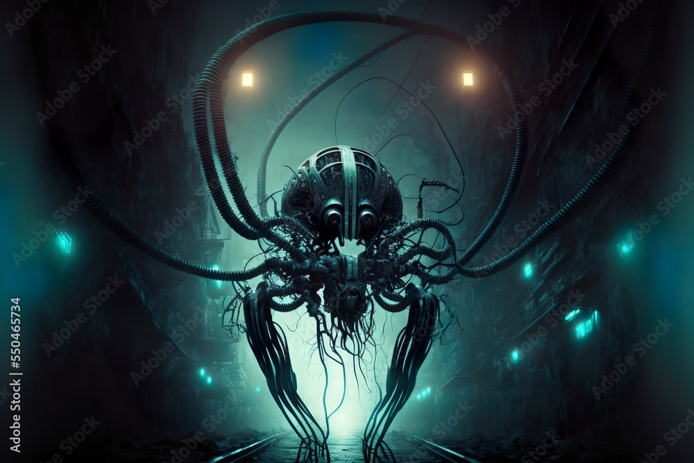 Mechanical squid with tentacles and cables sci-fi creature in ...