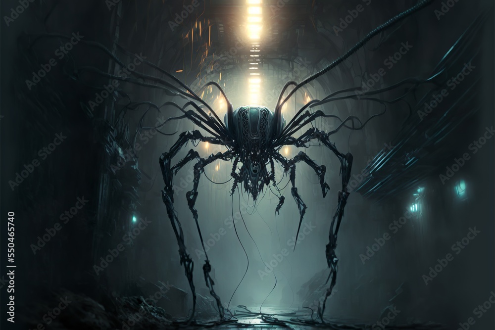 Mechanical robot spider sci-fi creature in underground facility Stock ...