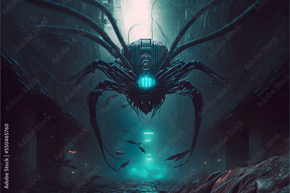 Cyberpunk robot squid sci-fi creature in underground tunnel Stock ...