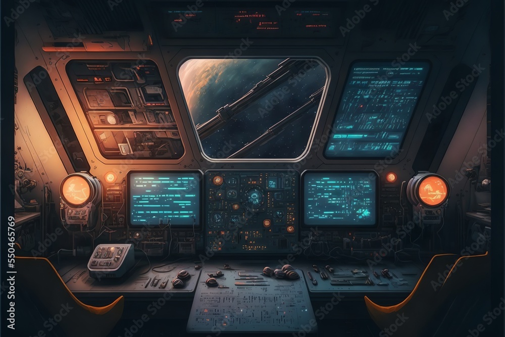 Futuristic dark sci-fi spaceship interior with buttons, monitors and displays design Stock ...