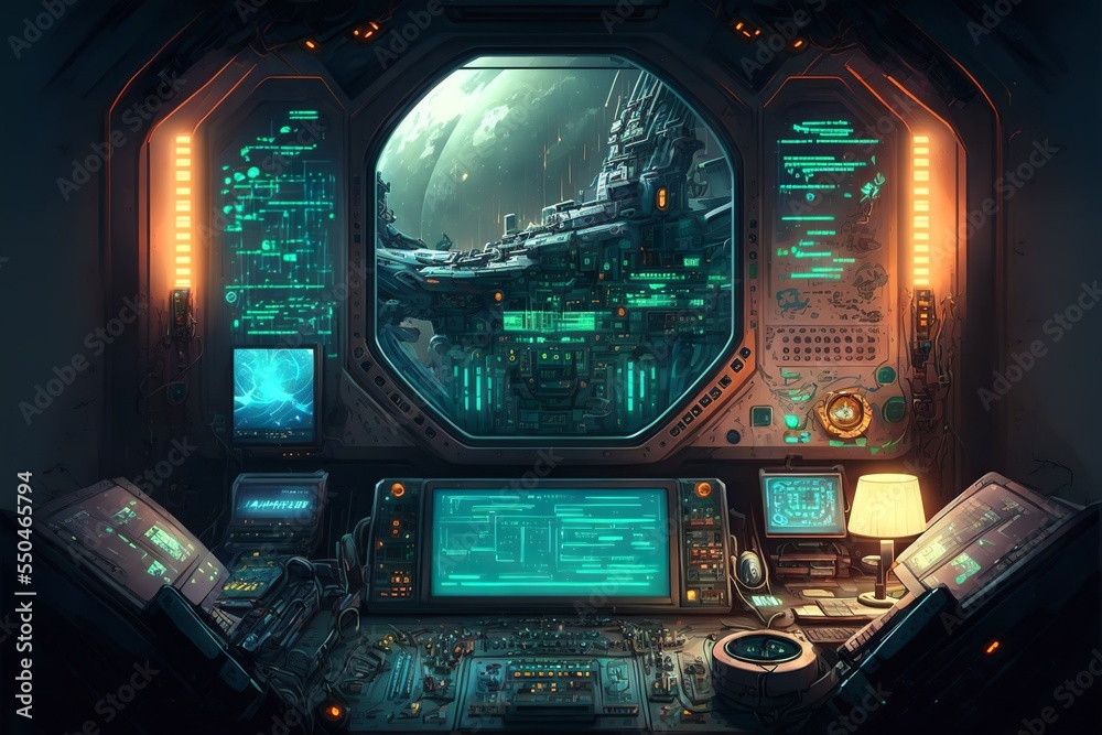 Futuristic sci-fi alien spaceship interior design Stock Illustration ...