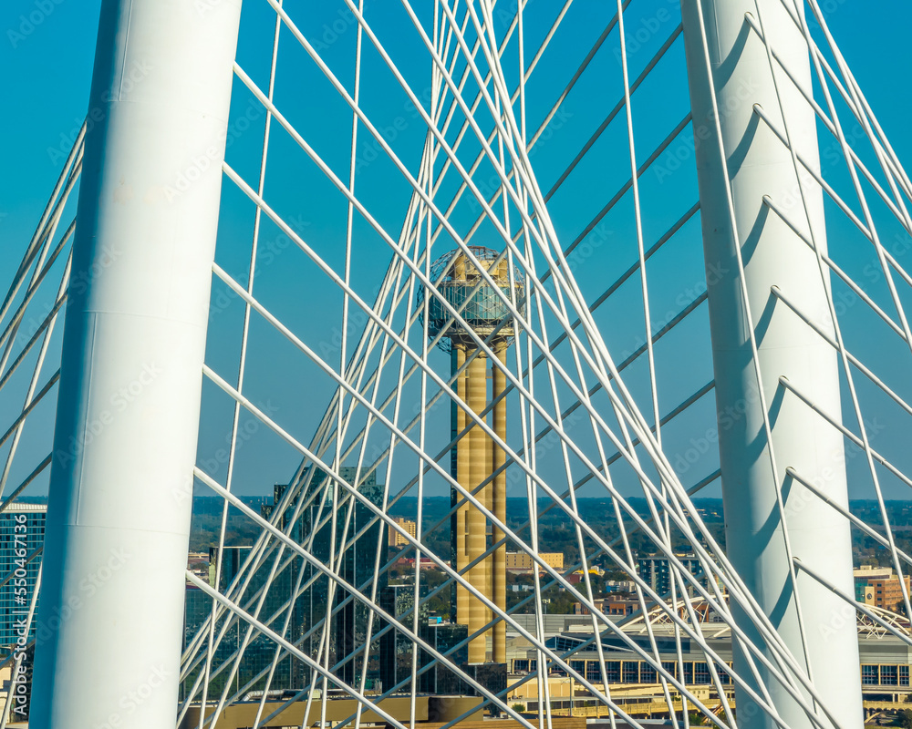 Aerial of Downtown Dallas Skyline seen through the Margaret Hunt Hill ...