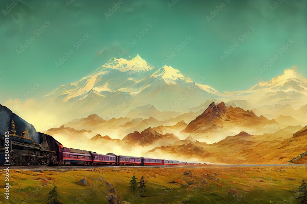 Running Train through Mountains. Fiction Backdrop. Concept Art ...