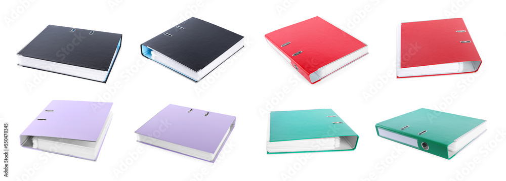Set with different color office folders on white background. Banner ...