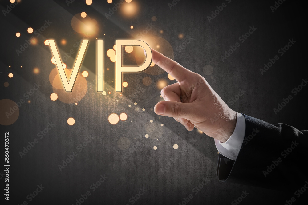VIP member. Closeup view of man pointing at virtual abbreviation on ...