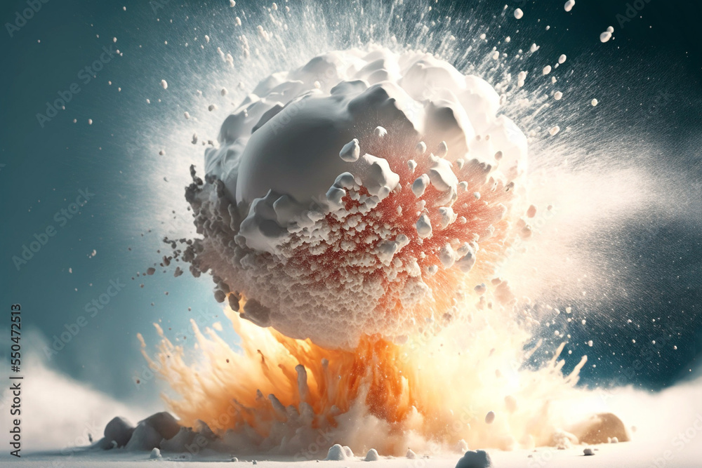 Huge exploding snowball consumed with vivid fire and expansion gases ...