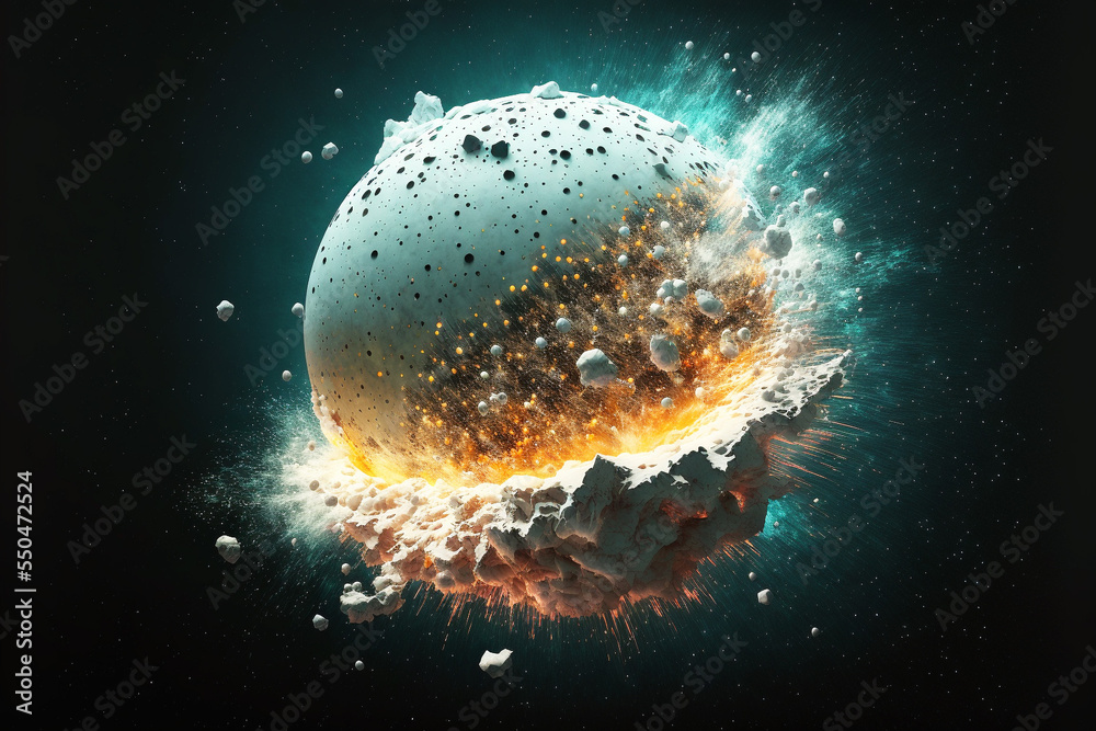Huge exploding snowball in space consumed with vivid fire and expansion ...