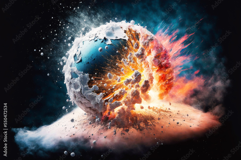 Huge exploding snowball consumed with vivid fire and expansion gases ...