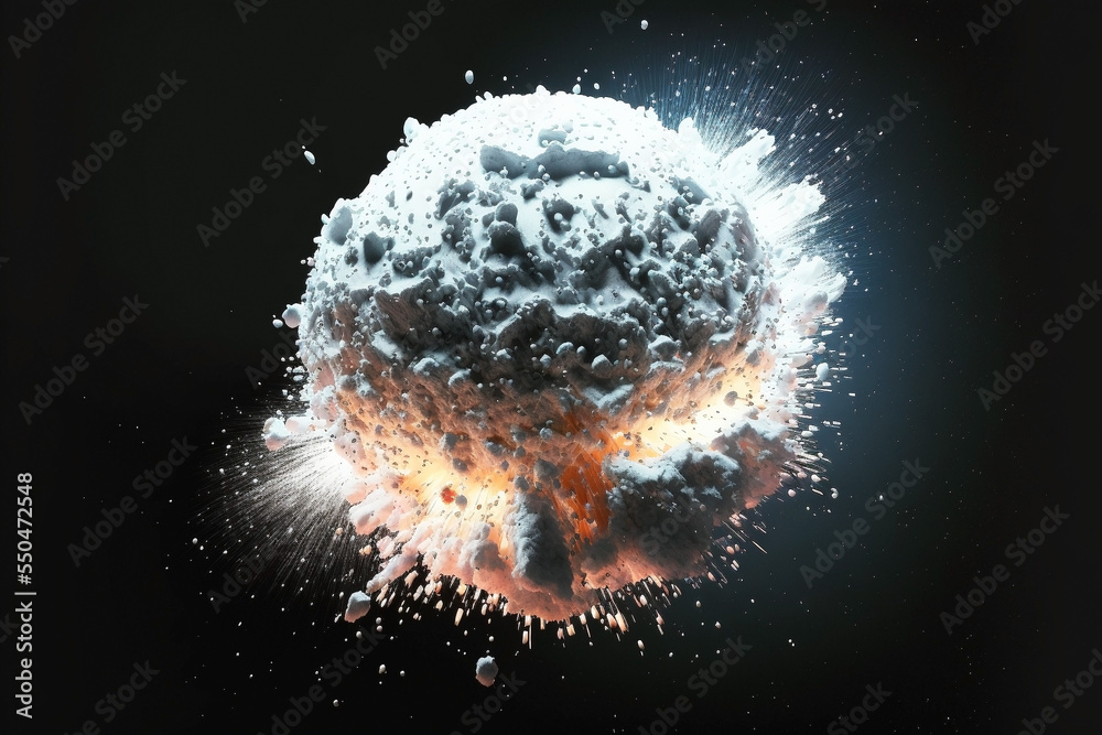 Huge exploding snowball in space consumed with vivid fire and expansion ...