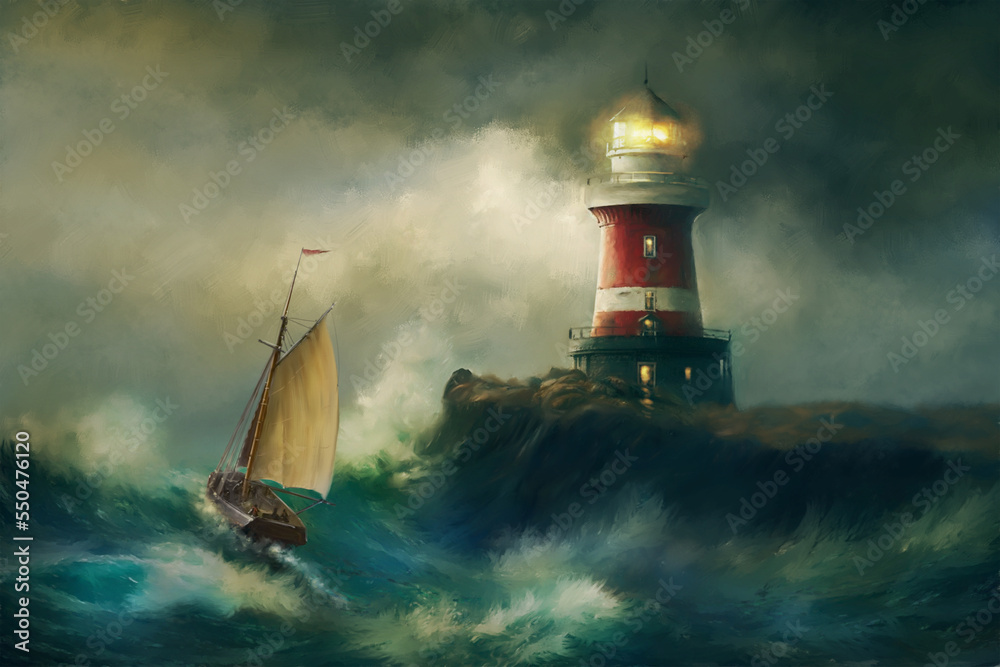A fishing boat floats on the waves in a storm, a lighthouse on the ...