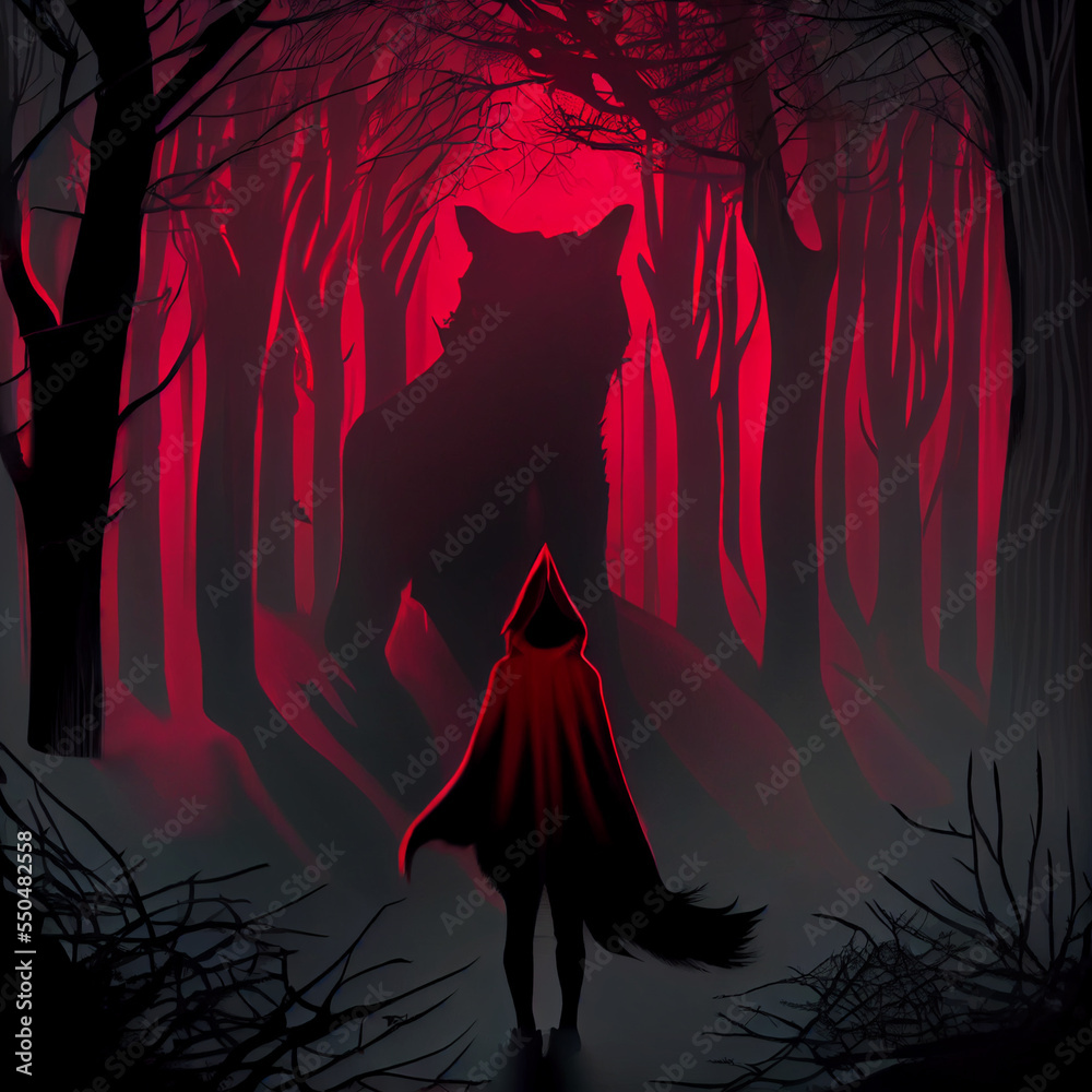 Red Riding Hood and wolf walking in the woods. Wolf swallowed ...