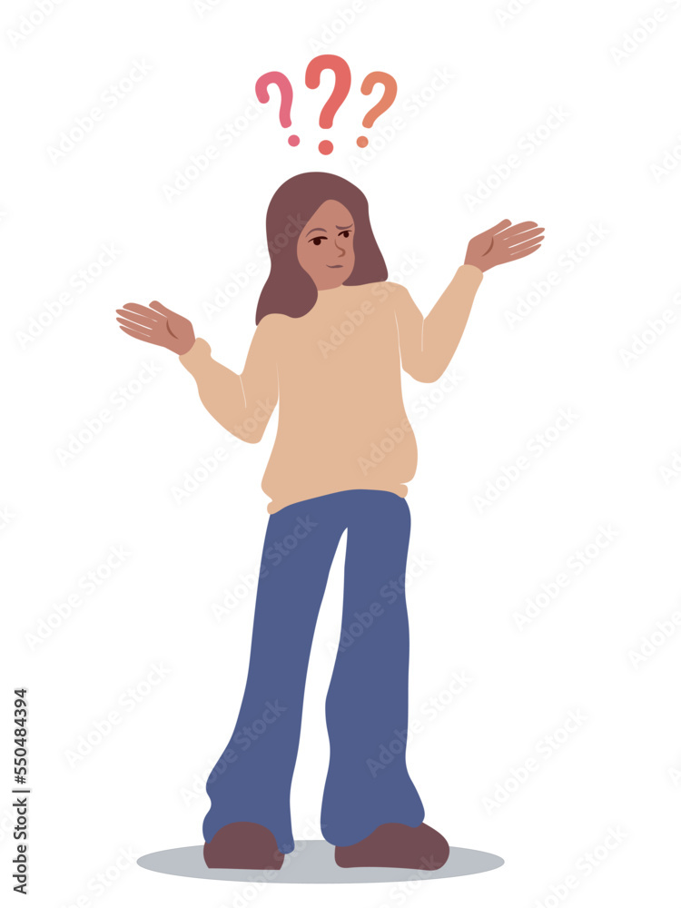 Woman with hands up expressing doubts. Over her head there are question ...