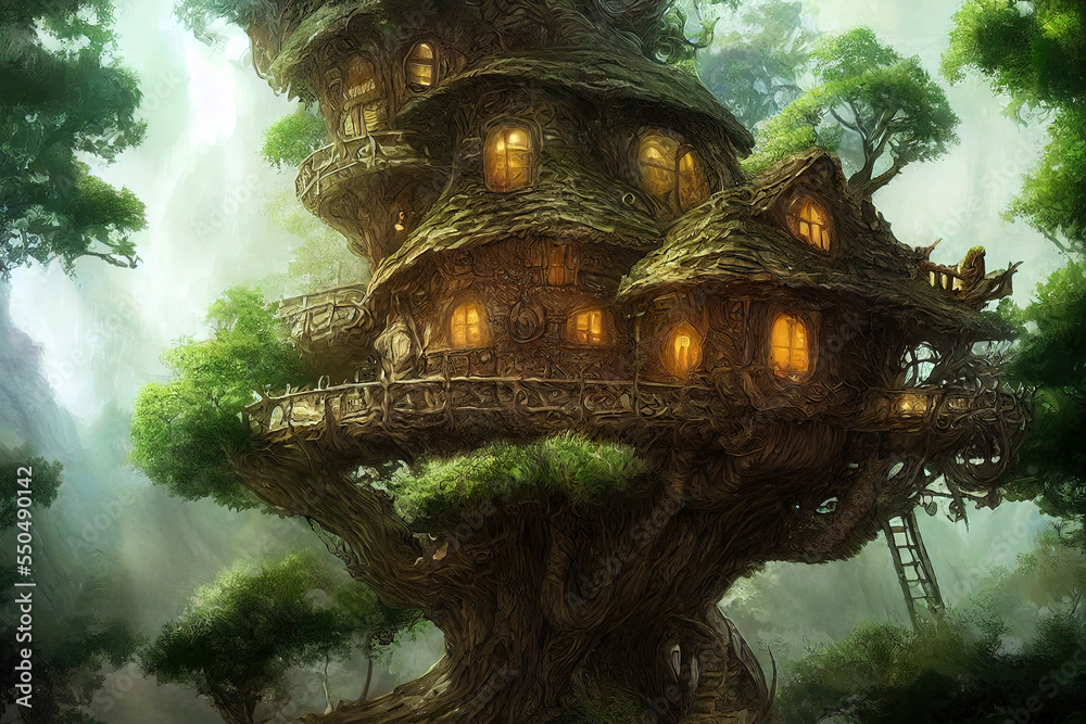 Fantasy tree house concept art Stock Illustration | Adobe Stock
