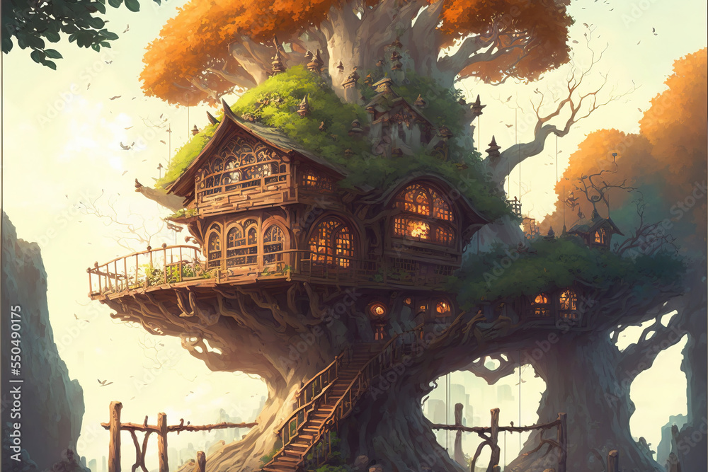 Fantasy tree house concept art Stock Illustration | Adobe Stock