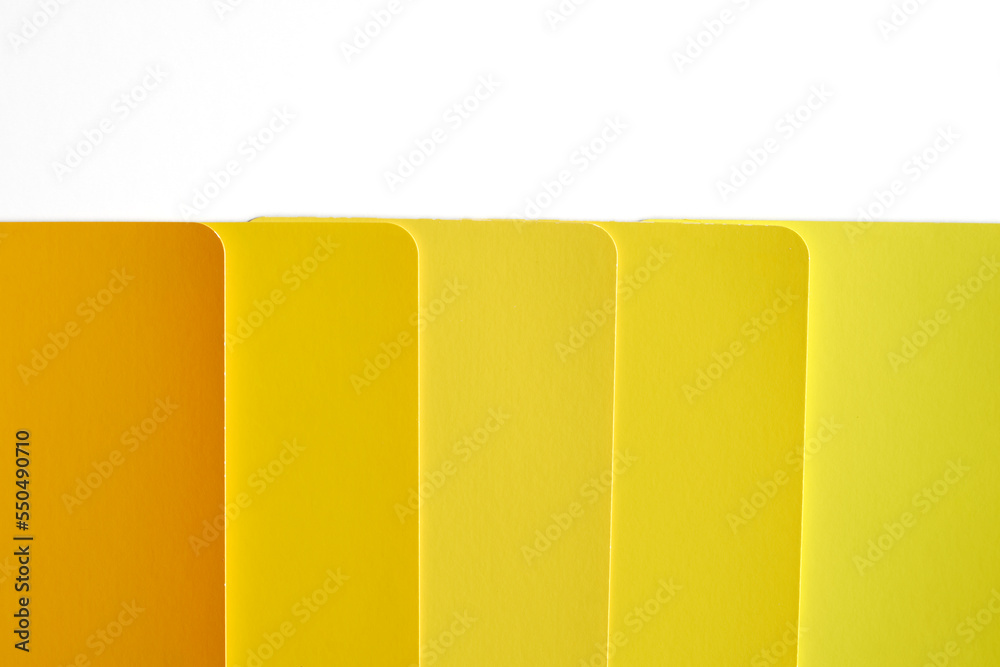 Evenly spaced color swatches on a table. Swatches are in shades of ...