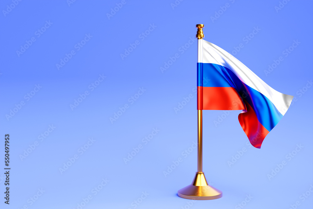 Realistic national flag of Russia on steel pole on blue isolated ...