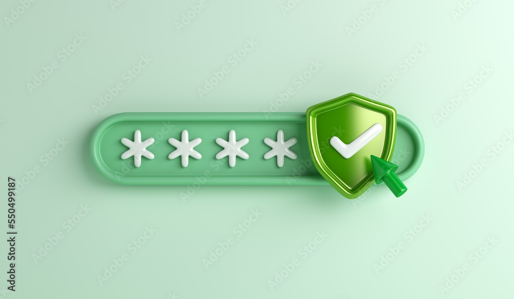 Password secure login access with shield check mark, 3d rendering ...