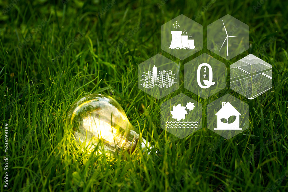 Shining lightbulb among grasses and renewable energy source icons as a ...