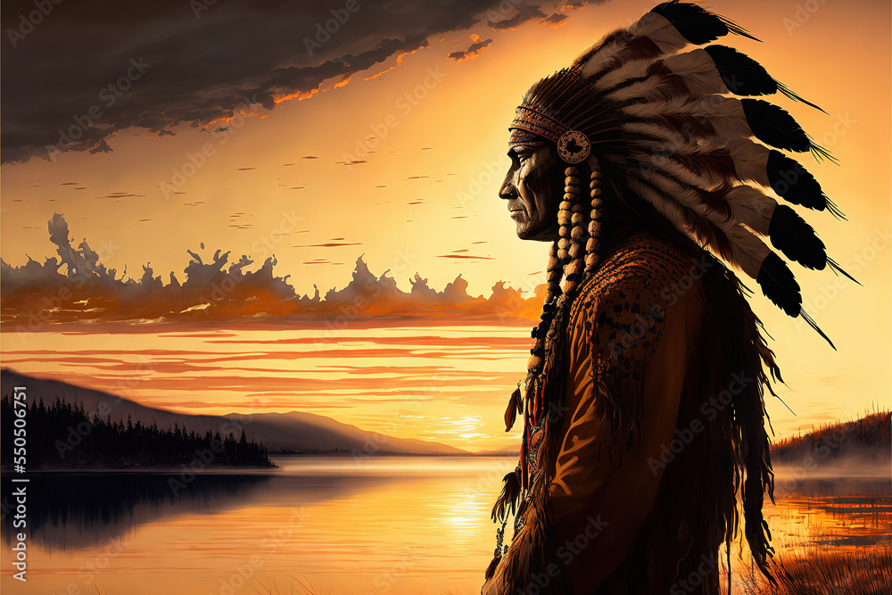 native american indian chief at sunset art,generative ai Stock ...