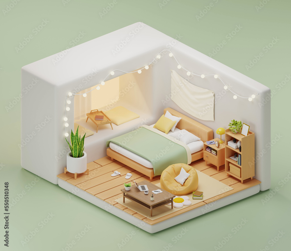 3D isometric bedroom interior, bed, white walls, wooden floor, cozy ...
