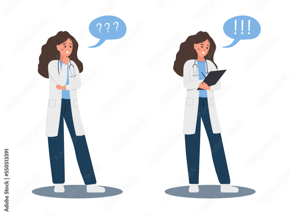 Female doctor in doubt. Thinking woman in uniform with question mark ...