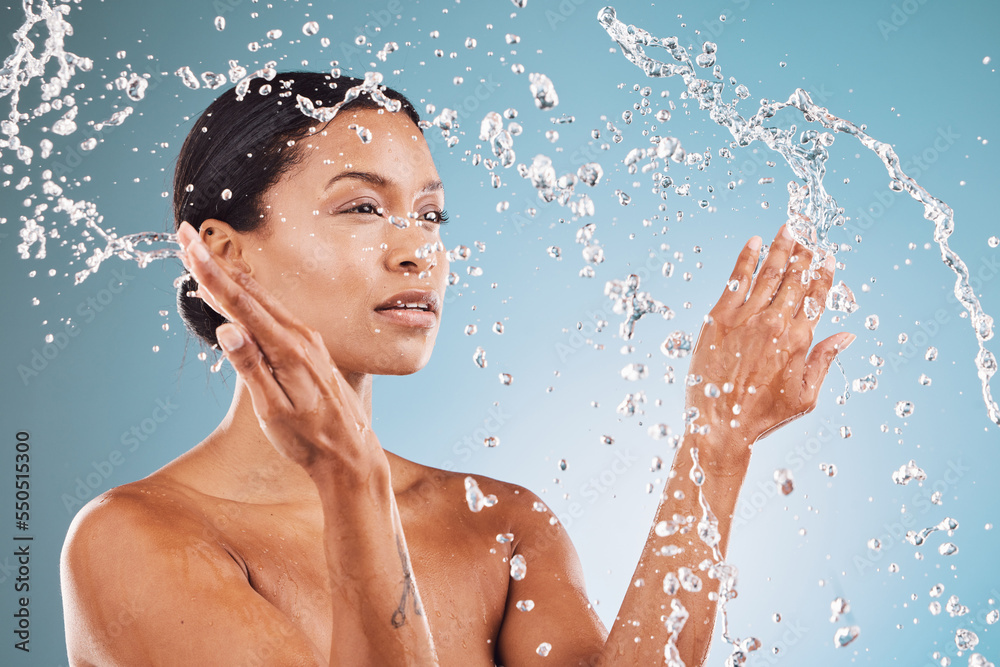 Beauty, skincare and black woman with splash of water for cleaning, hygiene and body care ...