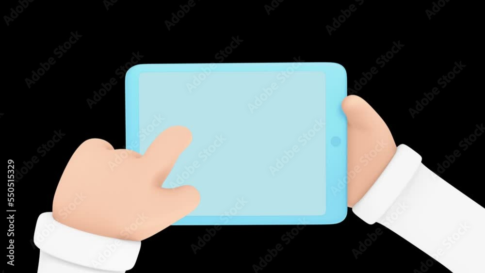 3D render cartoon hand holding tablet isolated on black png background ...