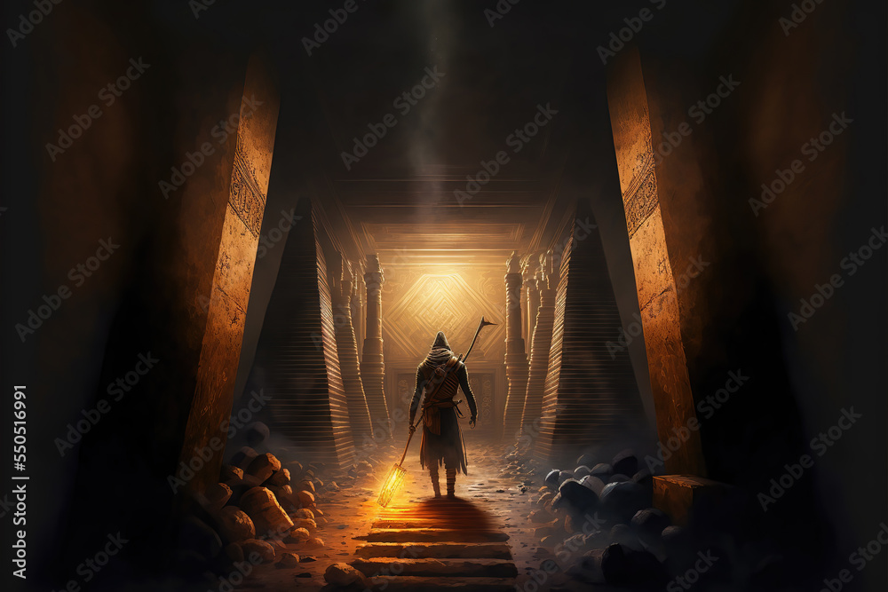 AI generated image of explorer inside an ancient Egyptian pyramid, with ...
