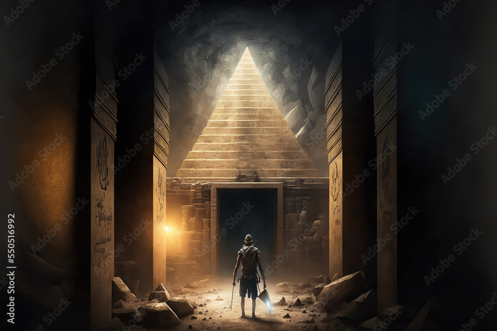 AI generated image of explorer inside an ancient Egyptian pyramid, with ...