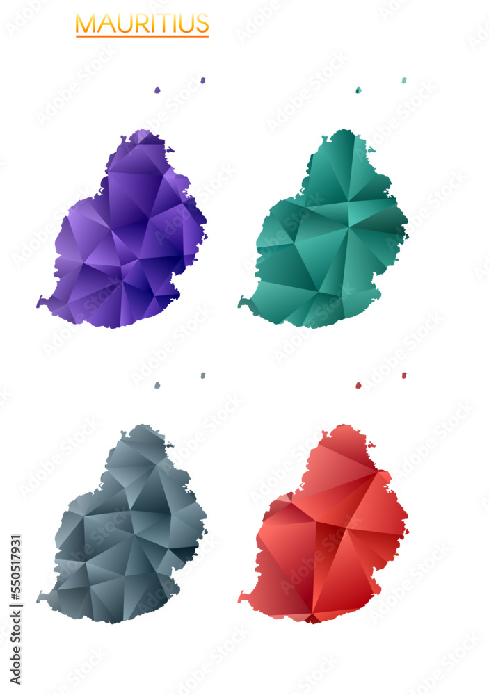 Set of vector polygonal maps of Mauritius. Bright gradient map of ...