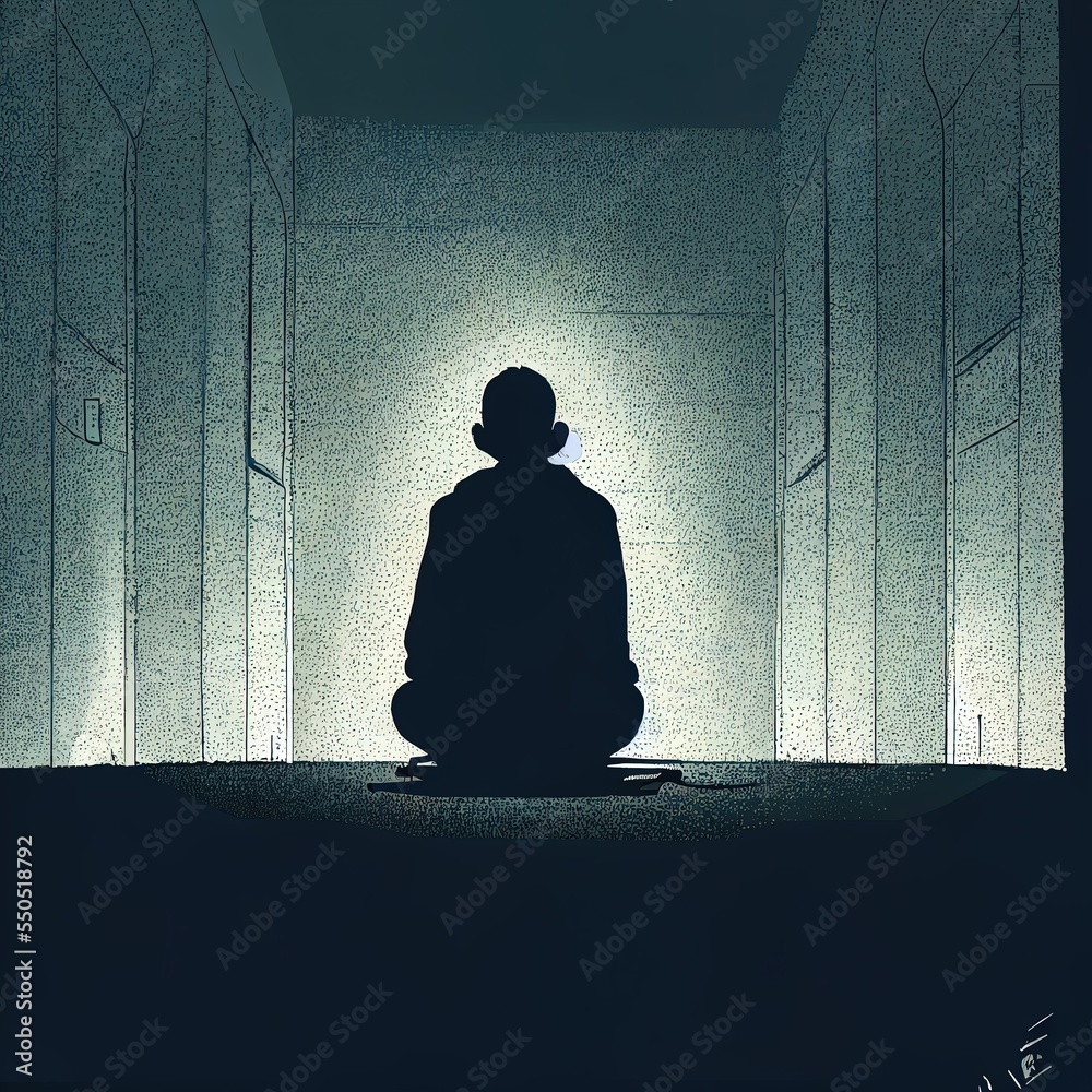 Silhouette of person meditating seated alone in room. Illustration ...