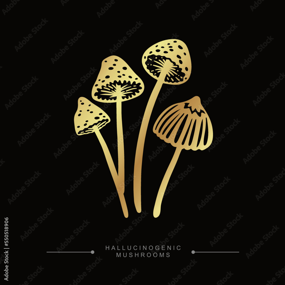 Golden drawing sticker of psilocybin mushrooms. Hand drawn toadstool ...