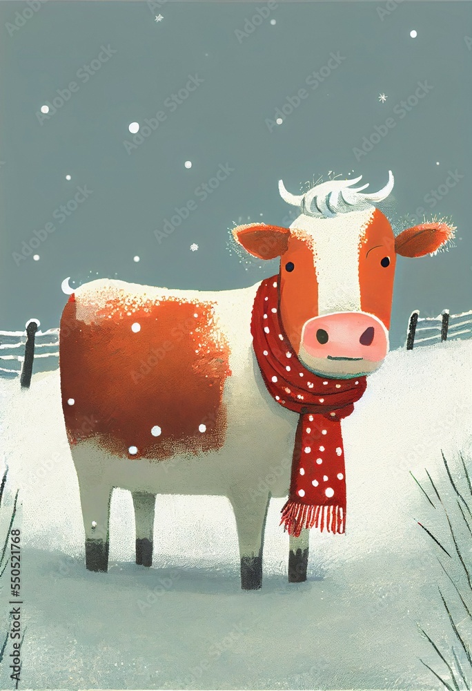 cute cow wearing red Christmas scarf in the snow, concept art ...