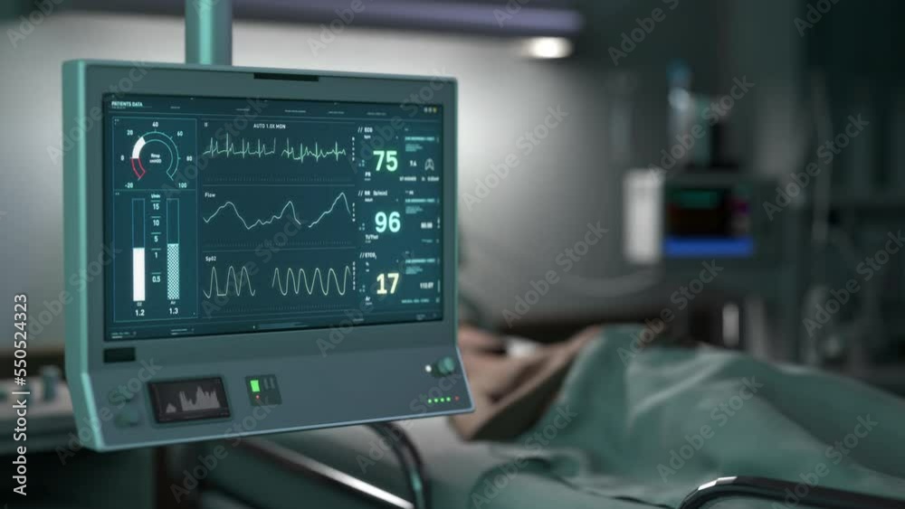 Modern device displaying the vital health signs of a patient in a ...
