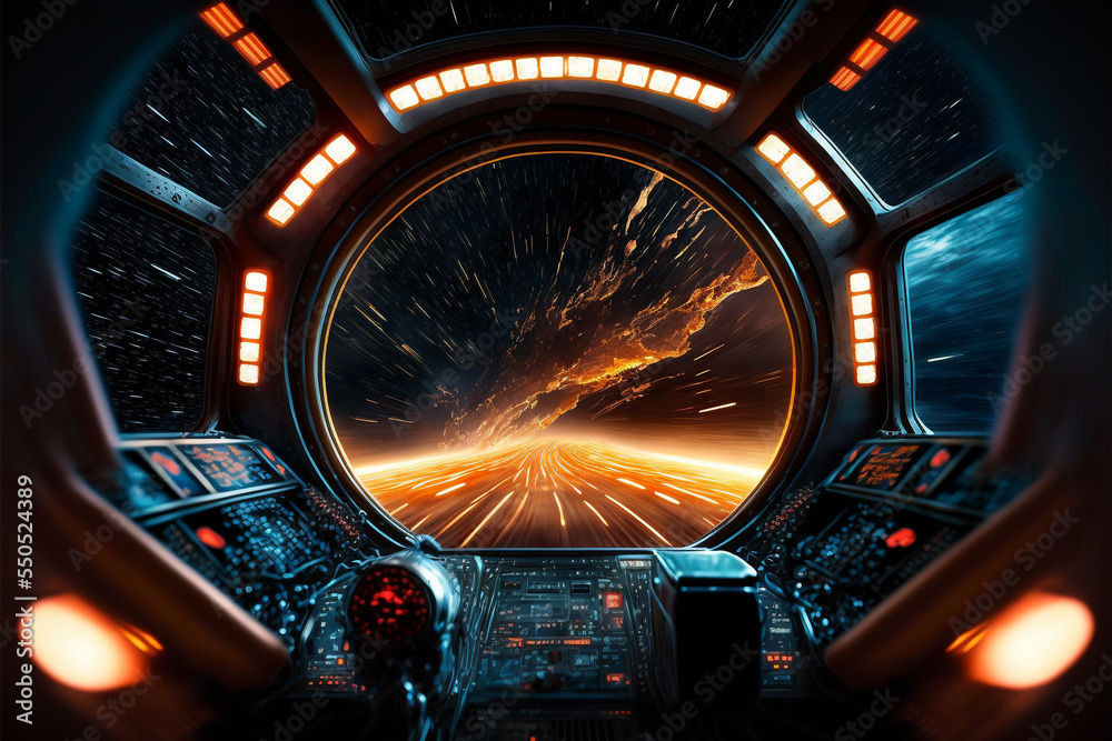 Inside of a Spaceship Driving at Hyper Speed, Space Travellers flying ...