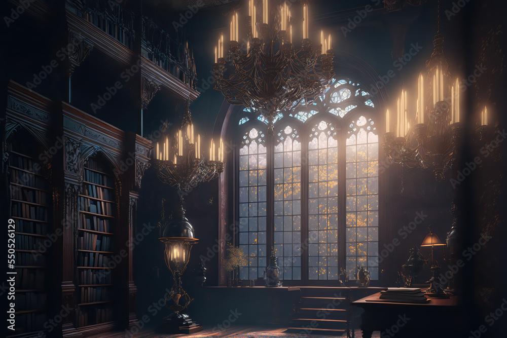 AI generated image of a large ancient library with high gothic arches ...