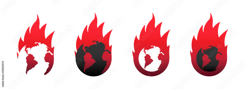 The earth is on fire. Burning world. Fire planet logo. Flat vector ...