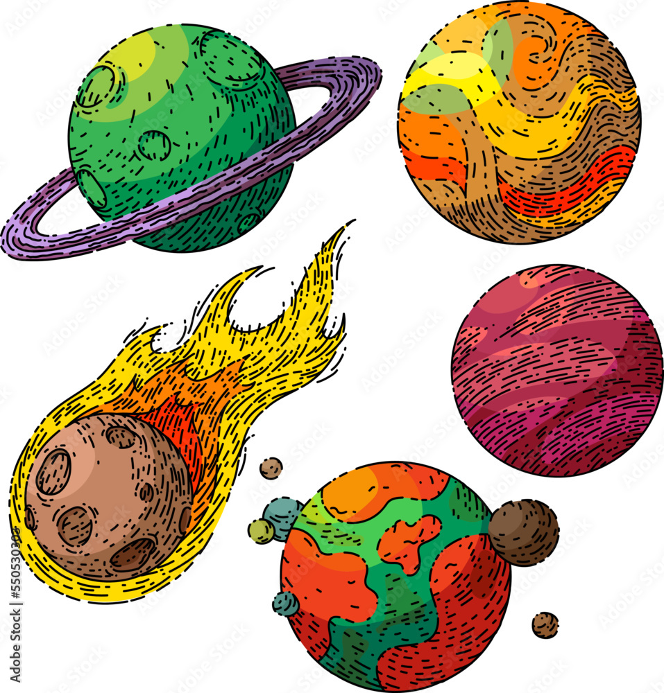 planet space set hand drawn vector. moon star, comet universe, solar ...