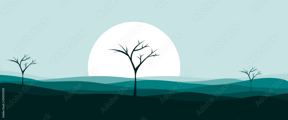 Flat landscape with three trees silhouette and sun describing a dry ...