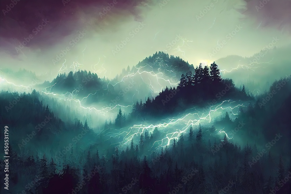 fantasy forest with a lot of lightnings, Digital art style ...