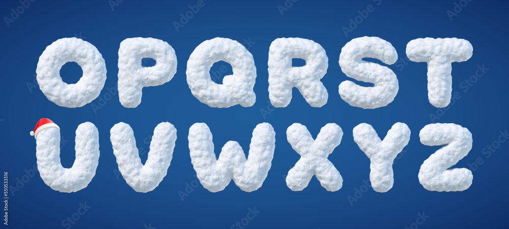 Snowy alphabet. Letters made of snow. Winter font isolated on blue ...
