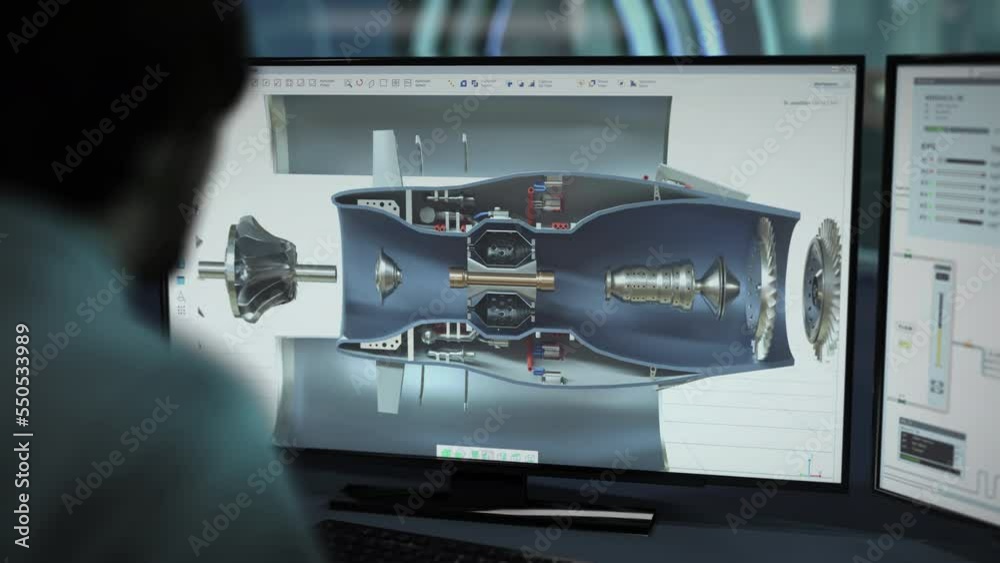 An engineer looking at the 3D model of the turbine in the modern ...