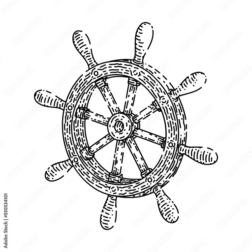 ship rudder hand drawn vector. helm wheel, boat captain yacht ...